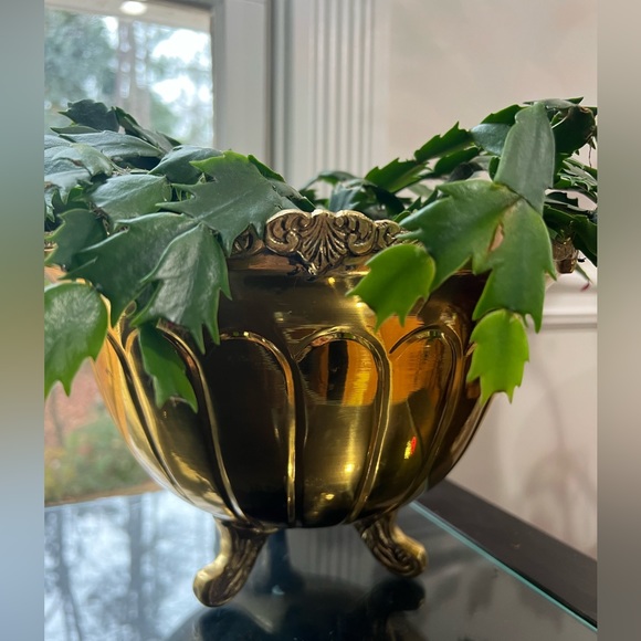 Accents | Vintage Mcm Large Brass Bowl Solid Footed Ornate Flower Rim ...